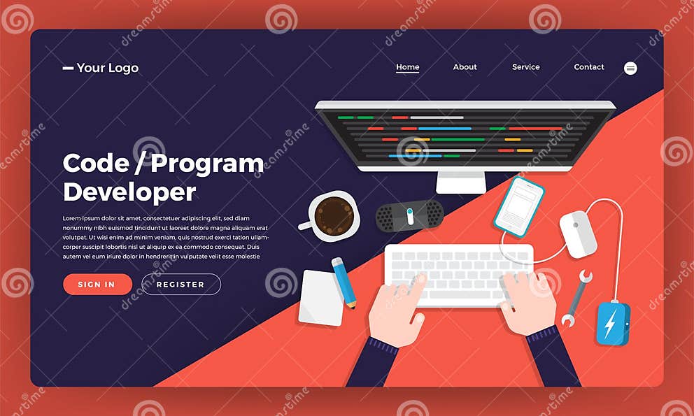 Mock-up Design Website Flat Design Concept Coding and Programming ...