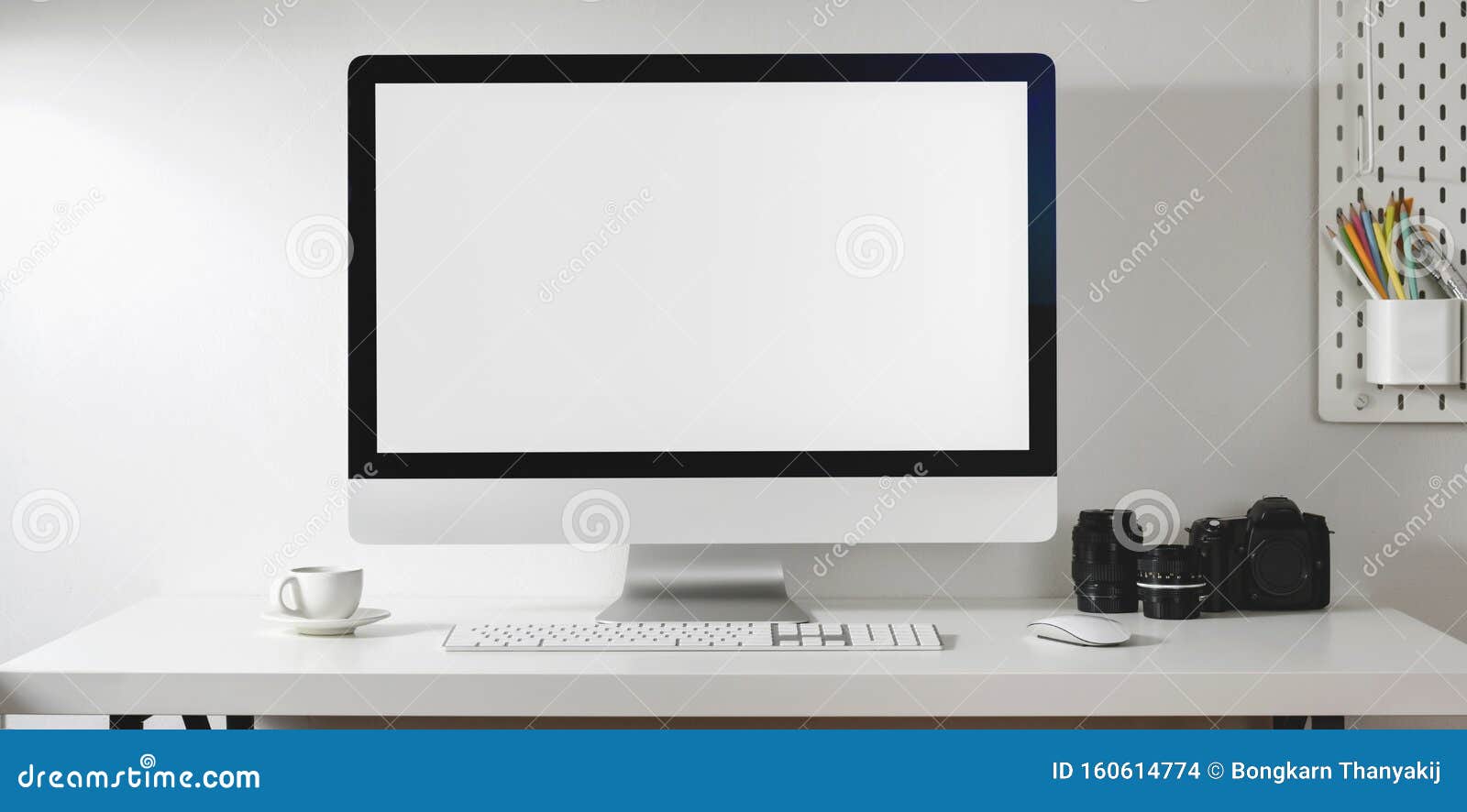 Mock Up Desktop Computer with Camera and Office Supplies in Modern ...