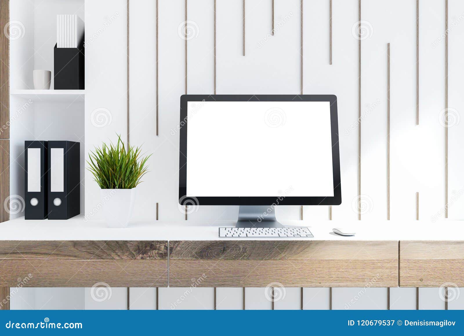 Mock Up Desktop Computer Screen, Wooden Desk Stock Illustration ...