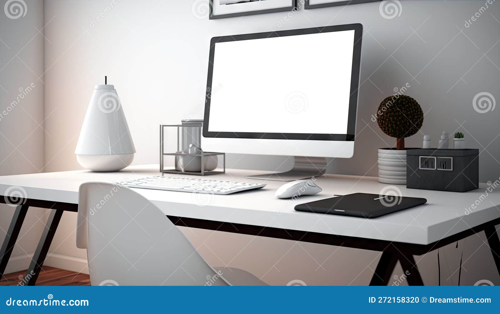 Mock Up of Desktop Computer on White Table in Modern Minimal Workplace ...
