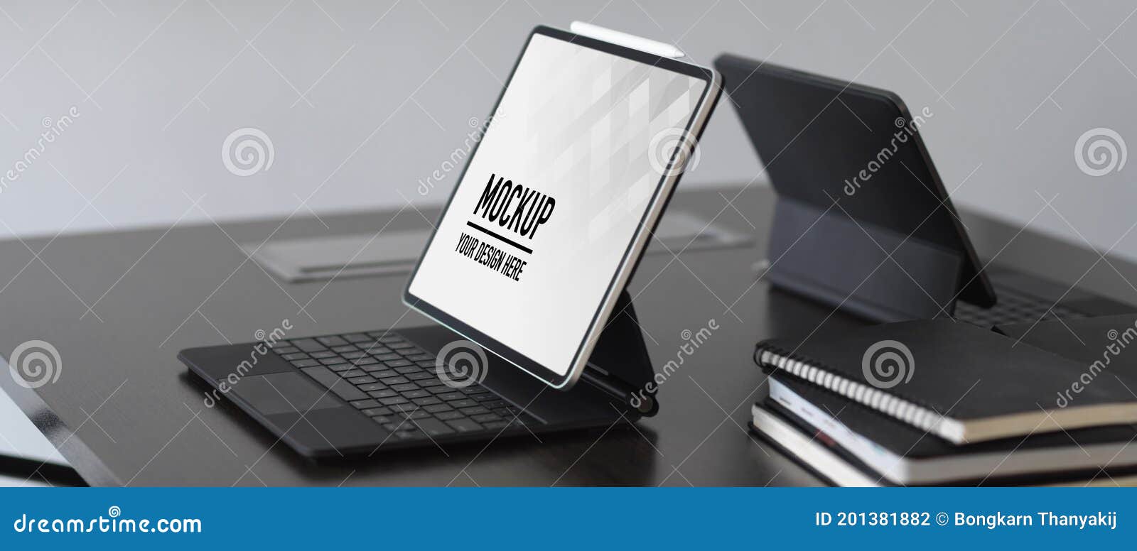Mock Up Digital Tablets and Notebooks on the Table in Meeting Room ...