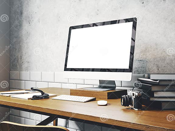 Mock Up of Generic Design Computer Screen on the Table. Workspace in ...