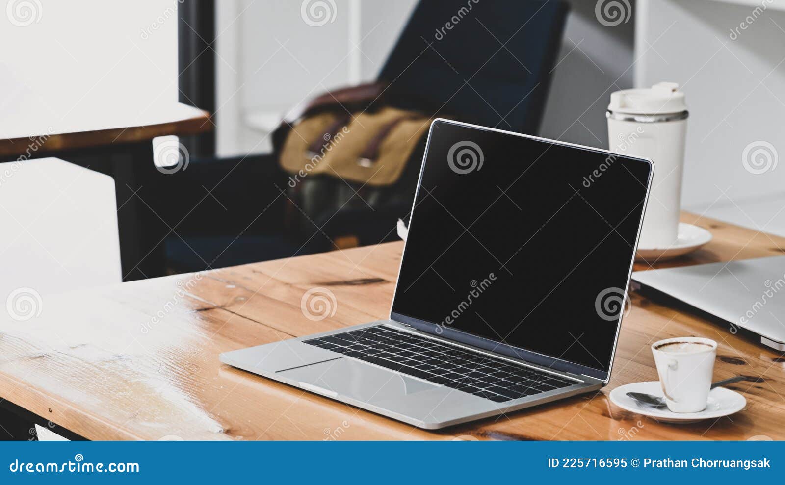 Laptop Computer and Coffee Cup on Wooden Desk. Stock Image - Image of ...