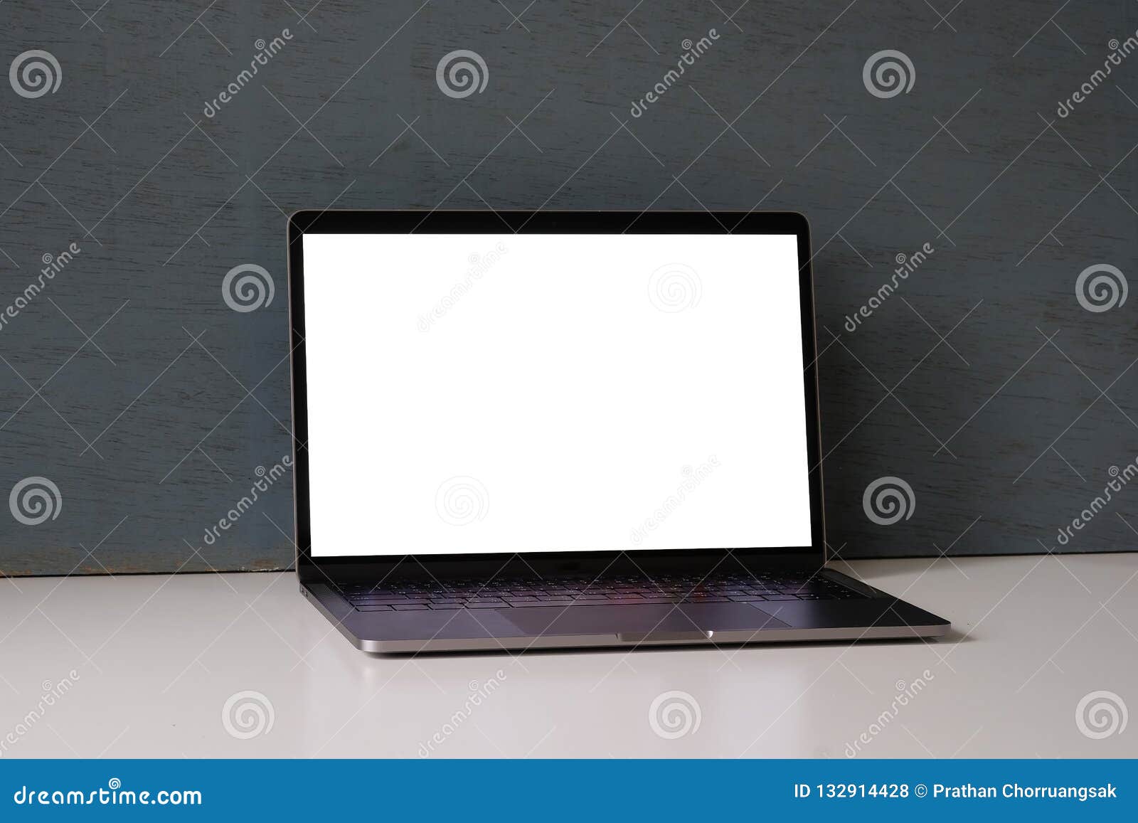 Mockup Laptop Computer on Table with Wood Wall Stock Photo - Image of ...