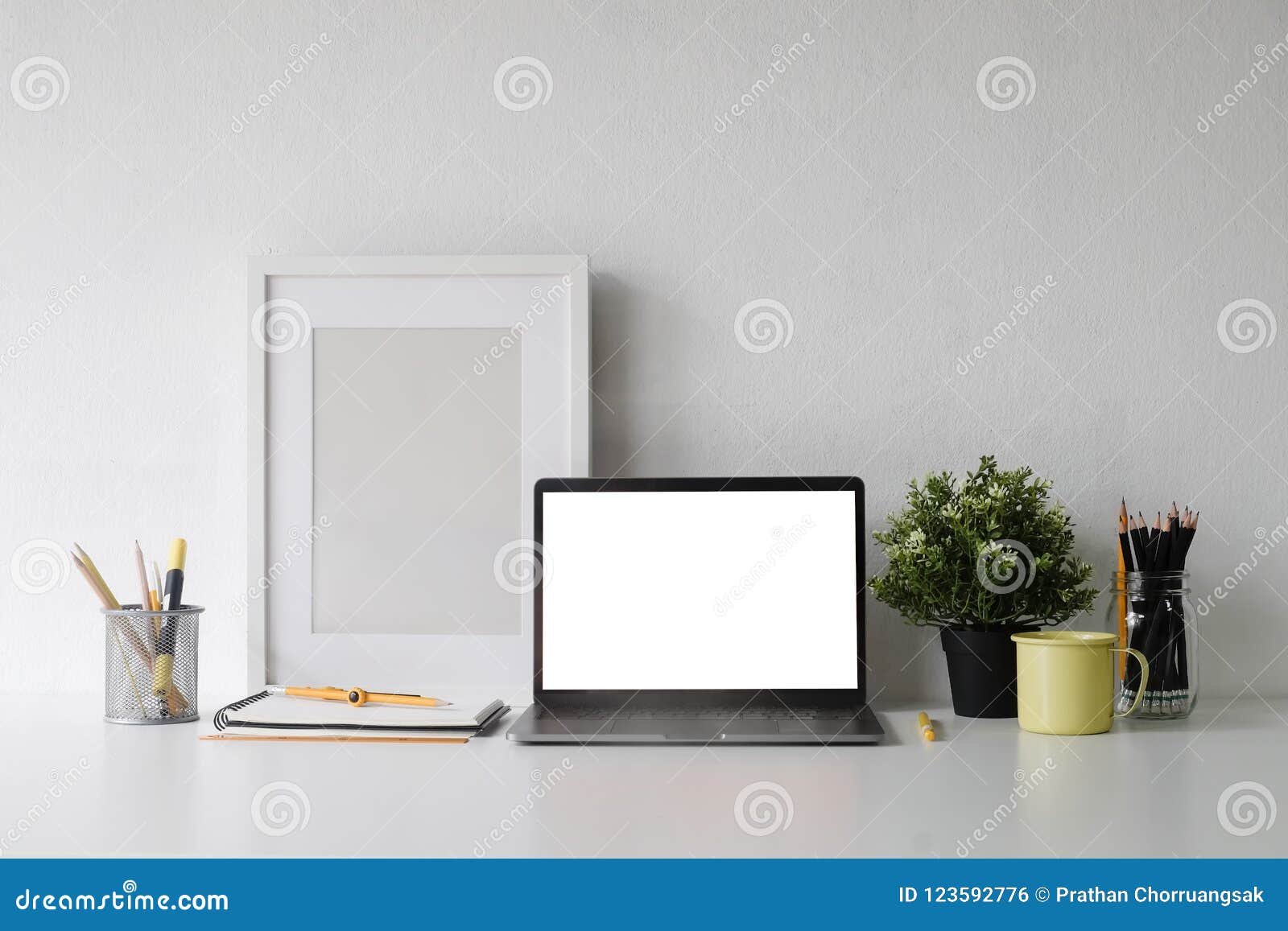 Mock Up Laptop Computer on Work Space with Mug of Coffee, Plat a Stock ...