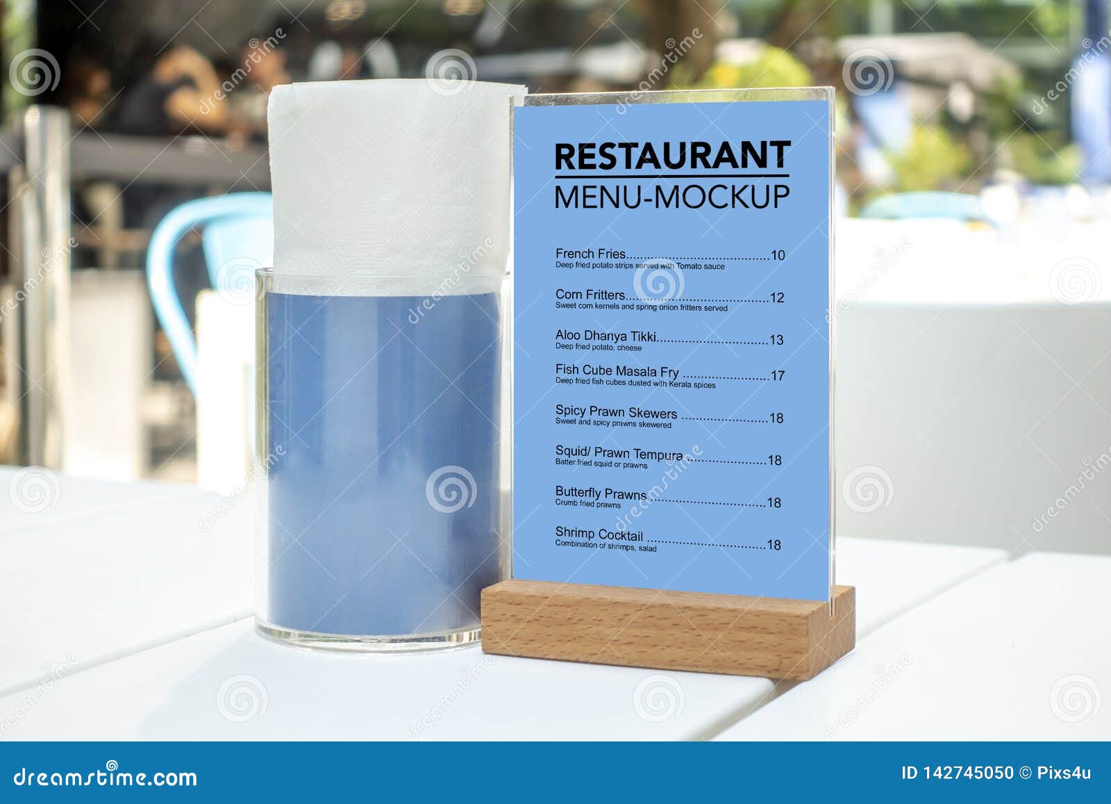 Mock Up Menu Frame in Restaurant Stock Photo - Image of pattern, blue ...