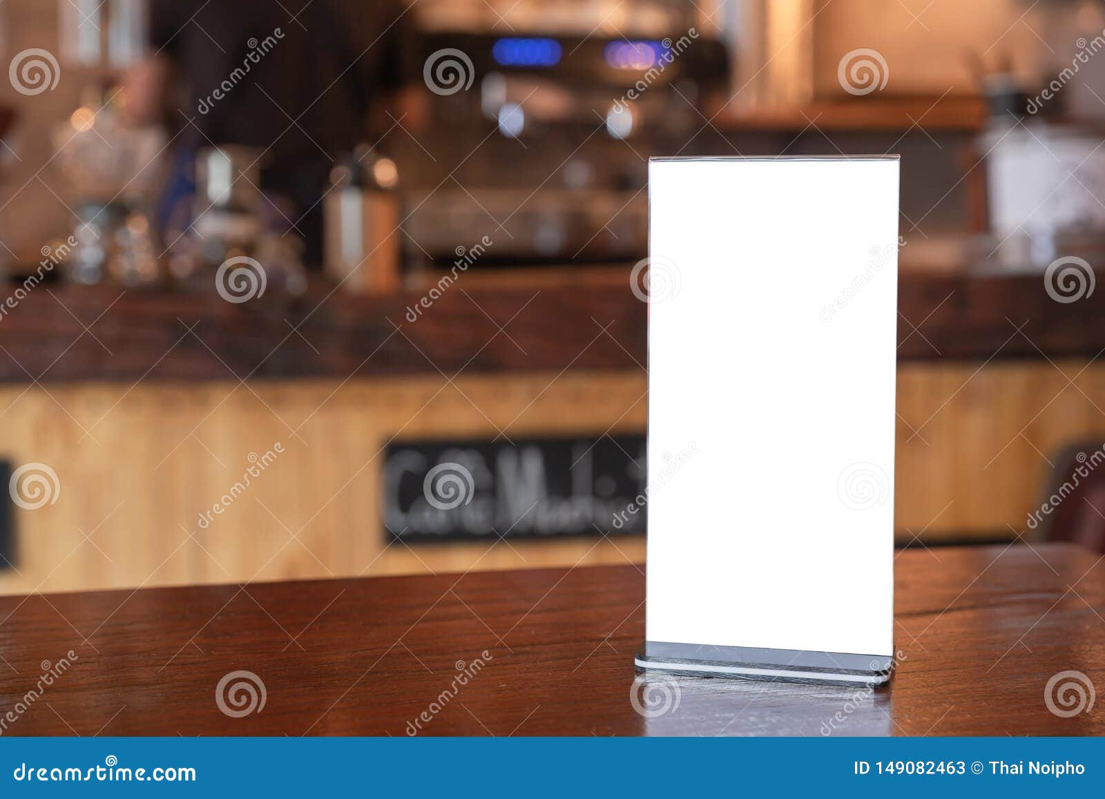 Mock Up Menu Frame Standing on Wood Table in Coffee Shop. Stock Image ...
