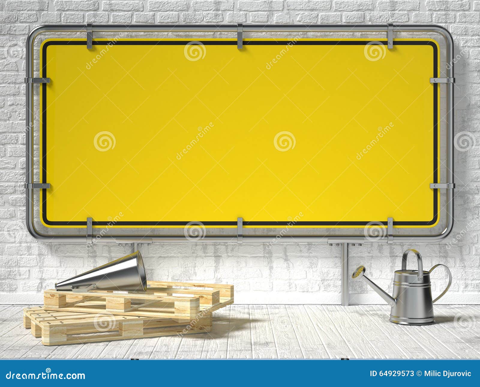 Mock Up Poster with Blank Framed Warning Sign. 3D Stock Illustration ...