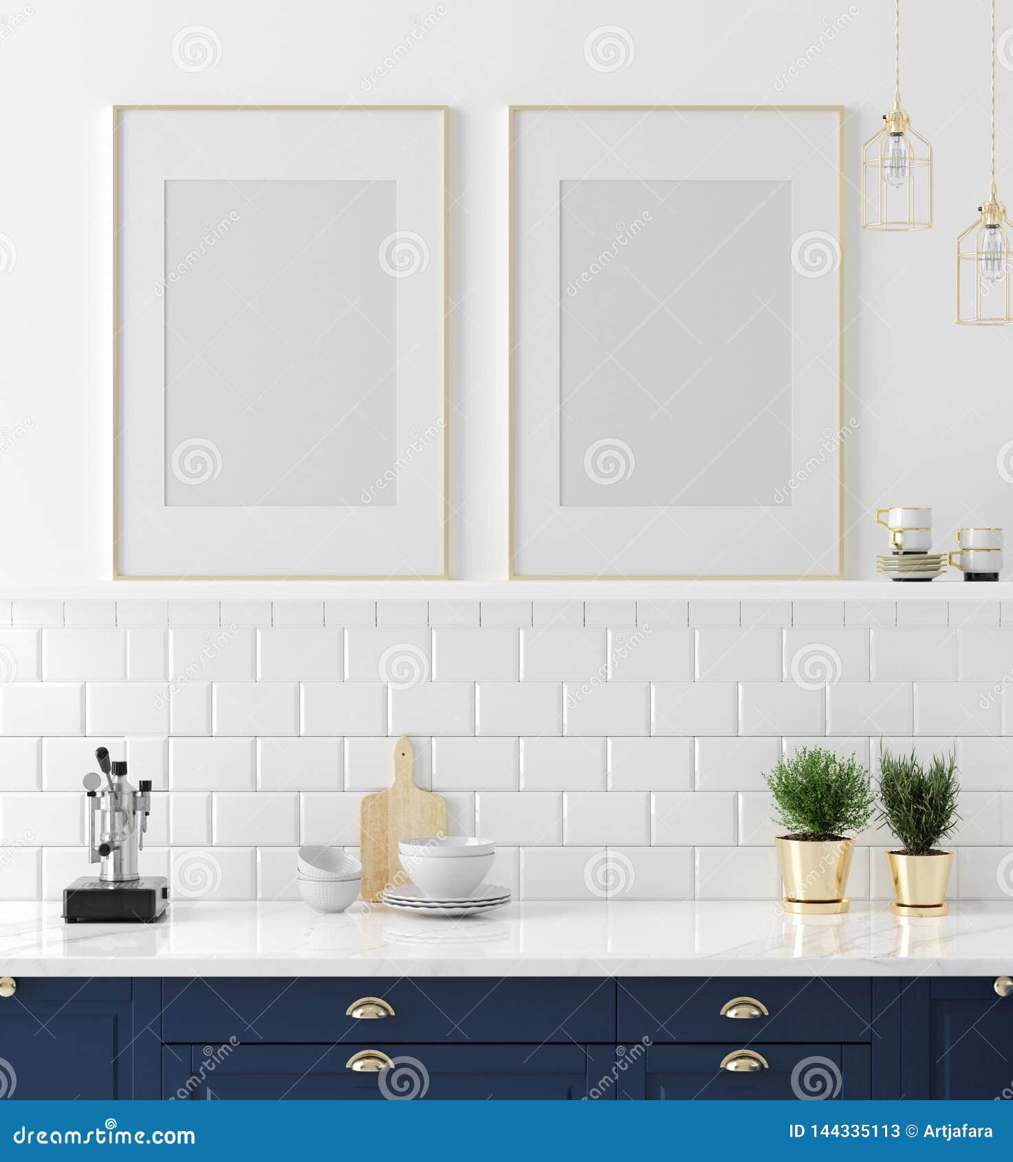 Mock Up Poster Frame Close-up in Kitchen Interior, American Style Stock ...