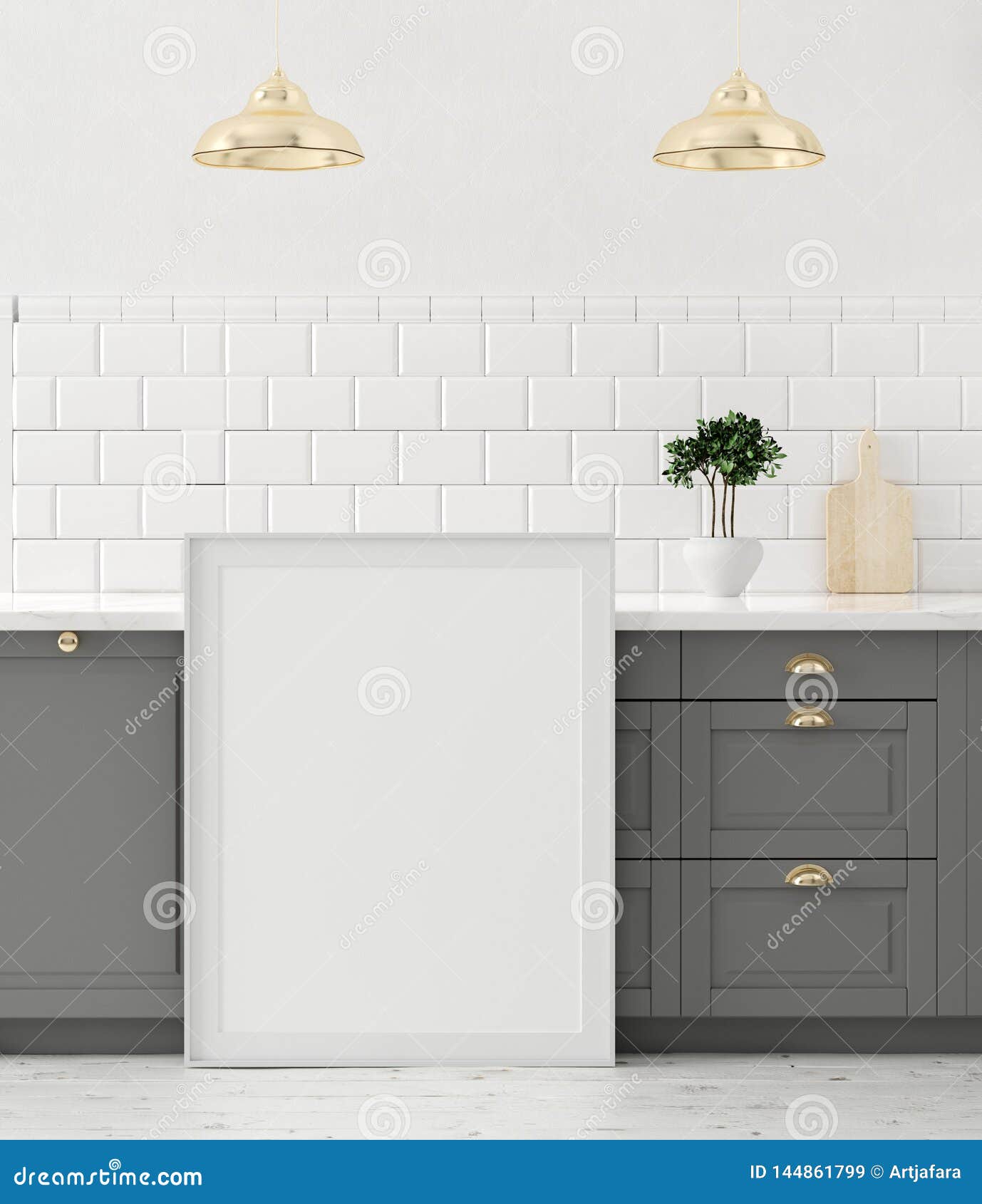 Mock Up Poster Frame Close-up in Kitchen Interior Stock Illustration ...