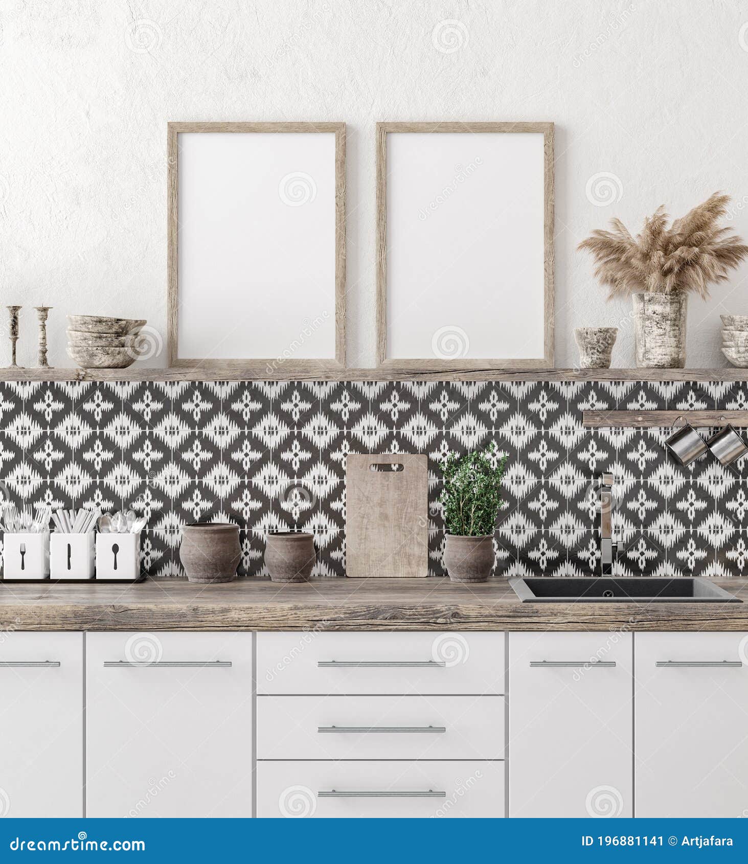 Mock Up Poster Frame in Kitchen Interior Background, Ethnic Style Stock ...