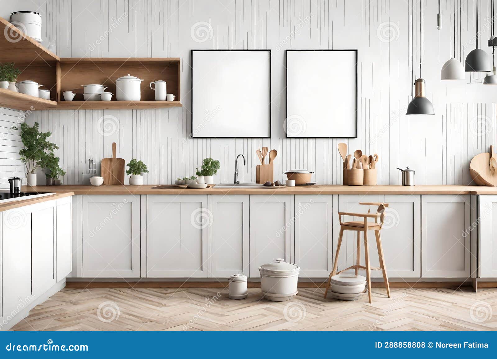 Mock Up Poster Frame in Kitchen Interior, Scandinavian Style, Panoramic ...