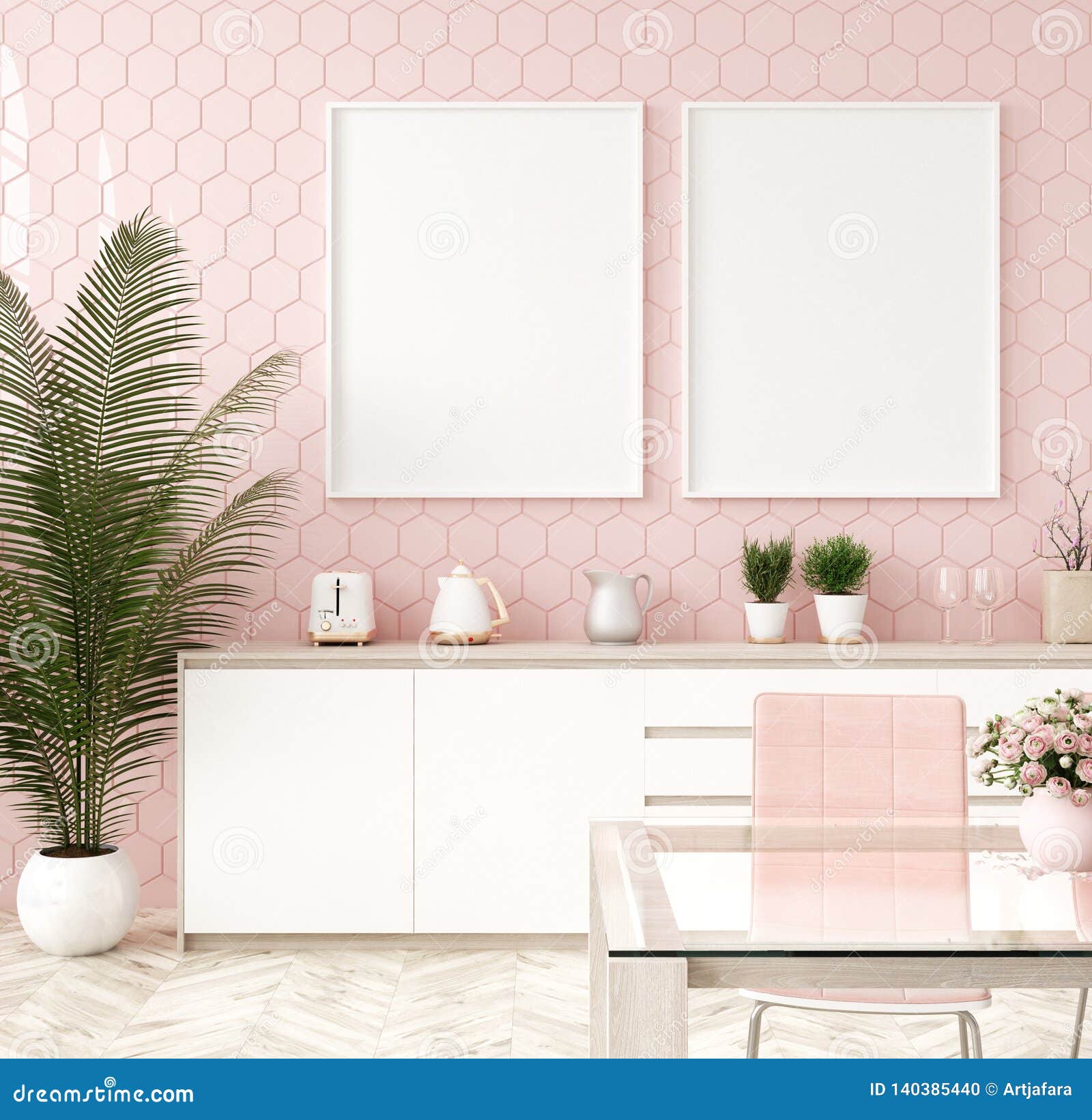 Mock Up Poster Frame In Pastel Pink Kitchen Interior Stock Photography ...