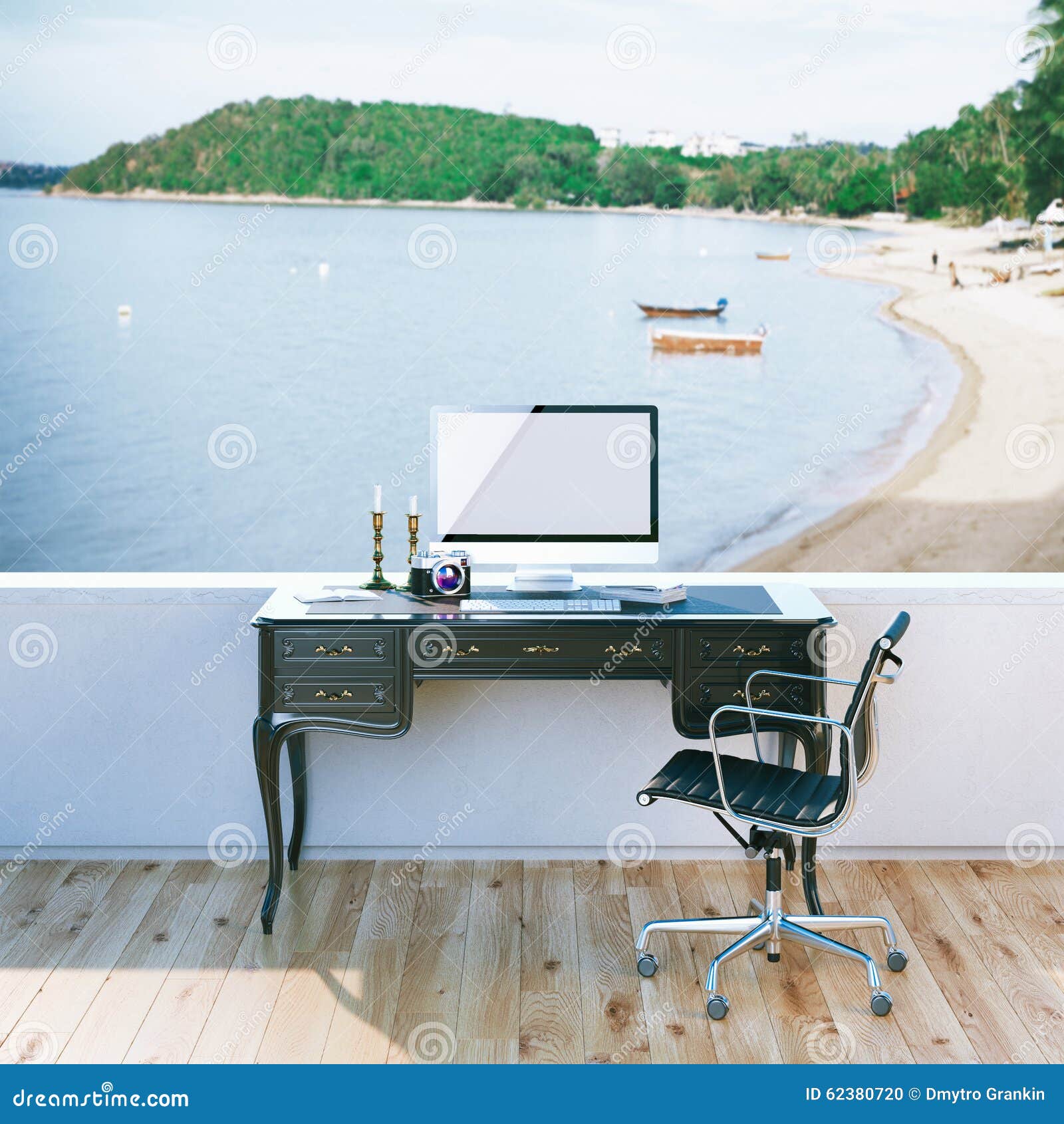 Mock Up Poster of Travel Blogger Work Desktop with Beach View Stock ...