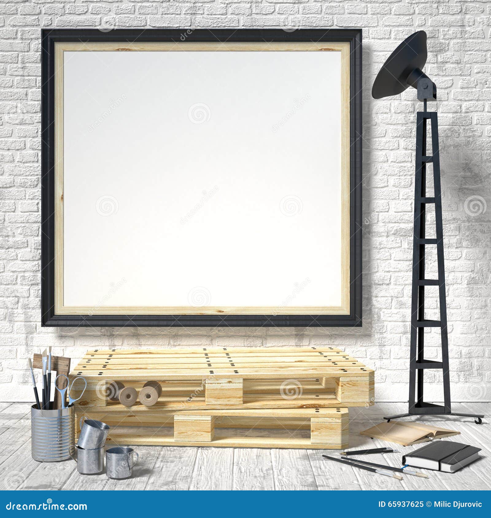 Mock Up Posters Frames In Art Atelier, 3D Render Stock Illustration ...