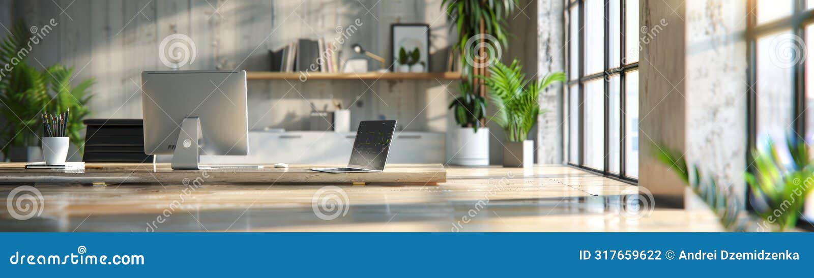 This is a Mock Up of a Stylish Office Interior with a Desk, Computer ...
