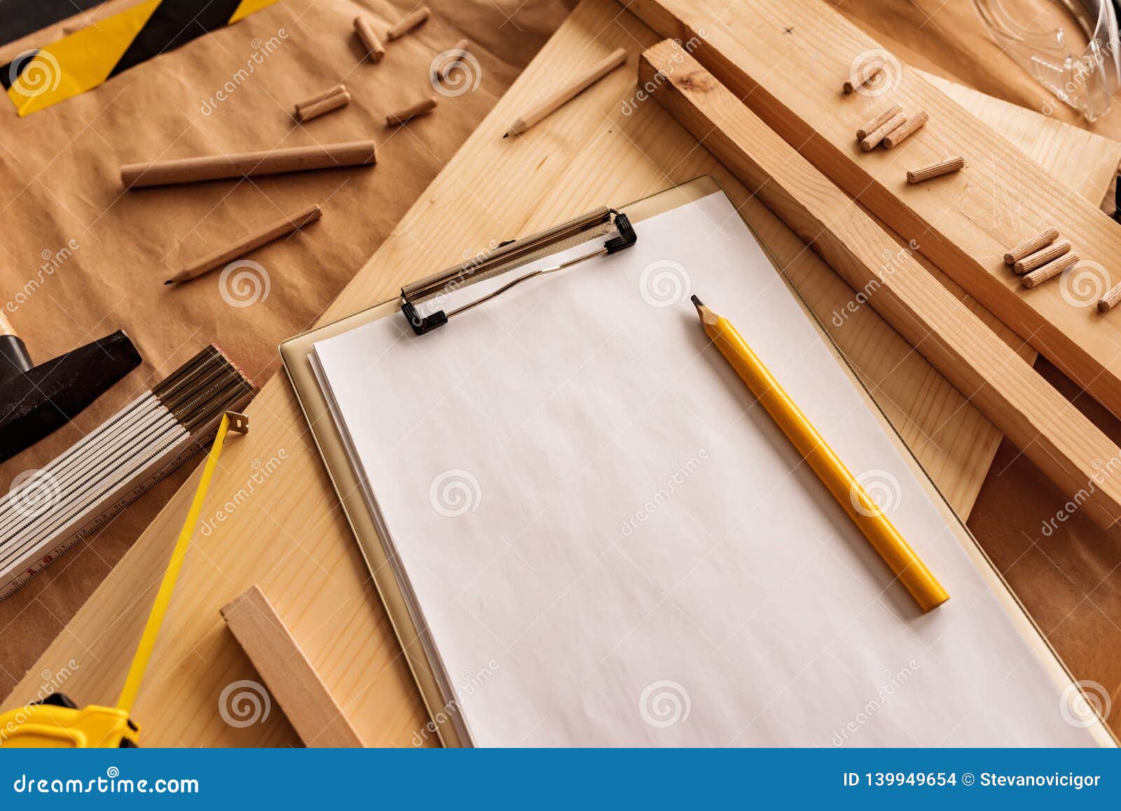 Mock Up Template Clipboard Note Paper in Woodwork Carpentry Workshop ...