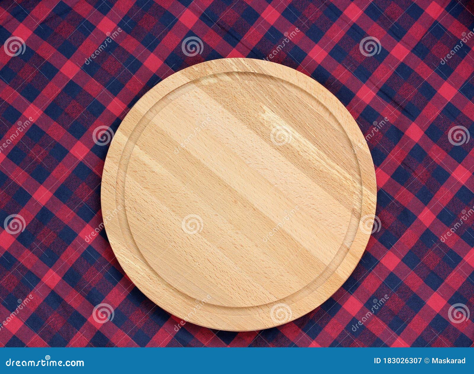 Mock Up Template with Empty Round Cutting Board on a Red Checkered ...