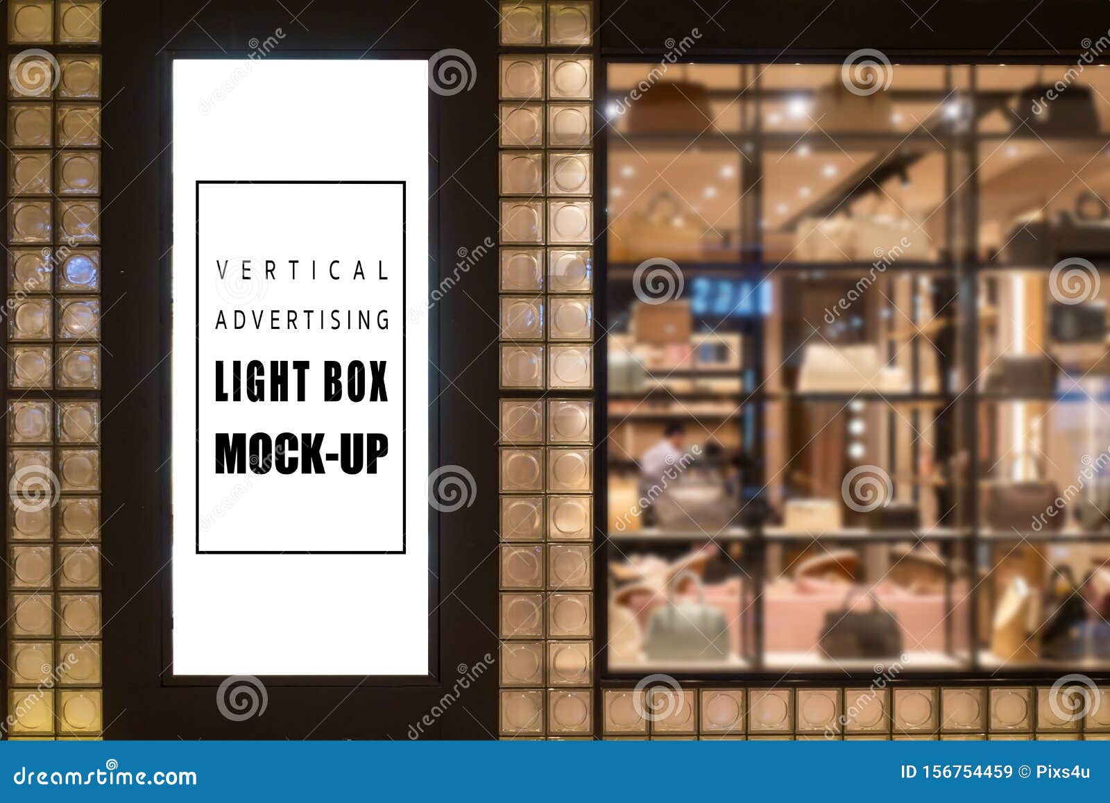 Mock Up Vertical Light Box on Glass Panel Front of Shop Stock Image ...
