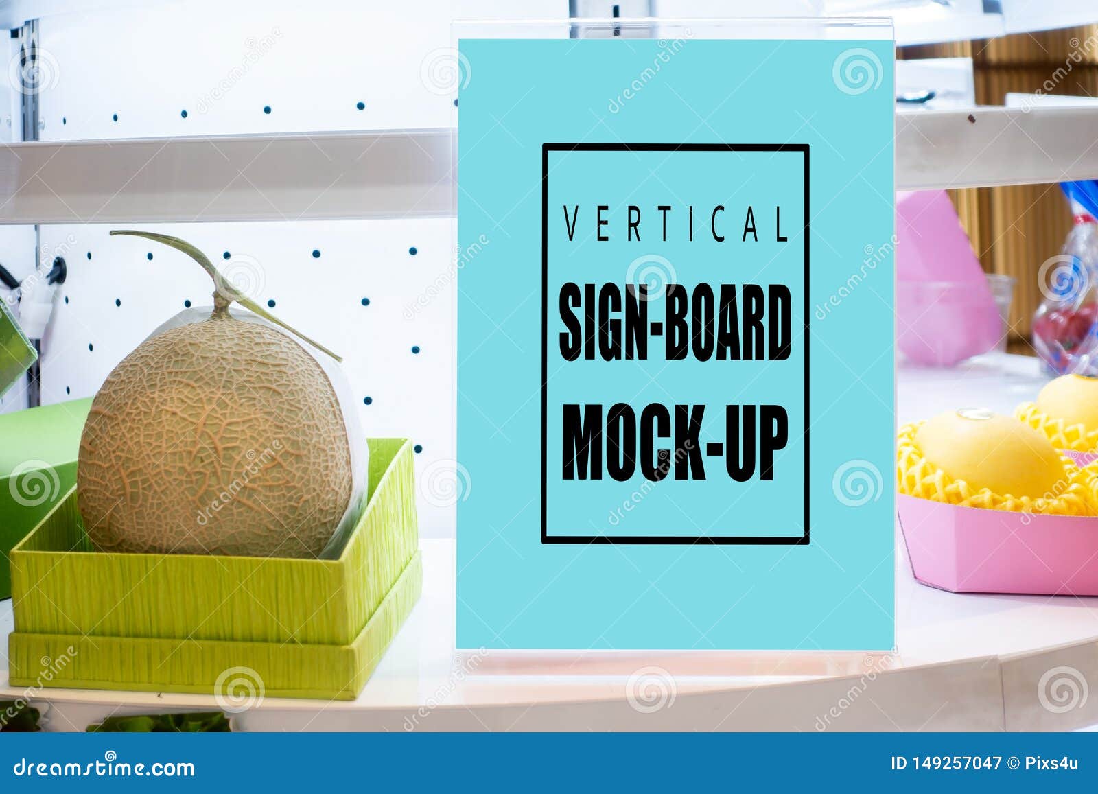 Mock Up Vertical Signboard in Acrylic Frame on Shelves Stock Image ...
