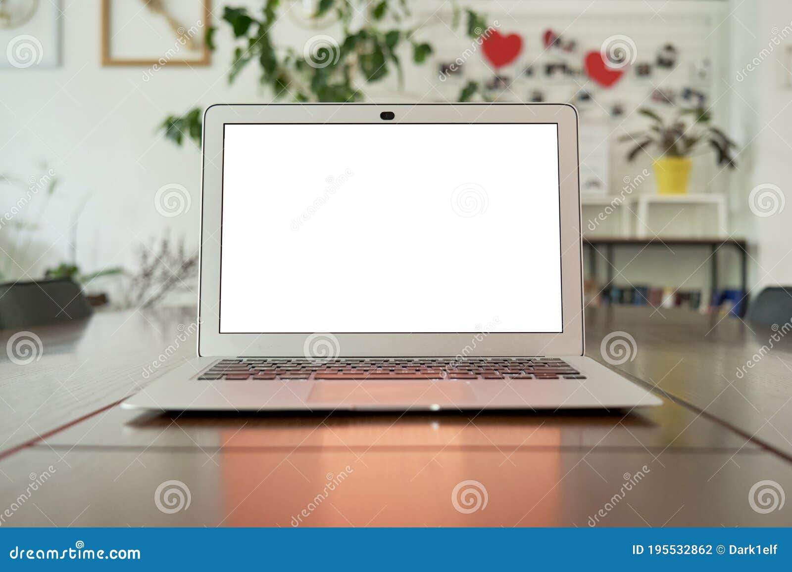 Mock Up White Laptop Computer Screen on Table at Home, Office Space or ...