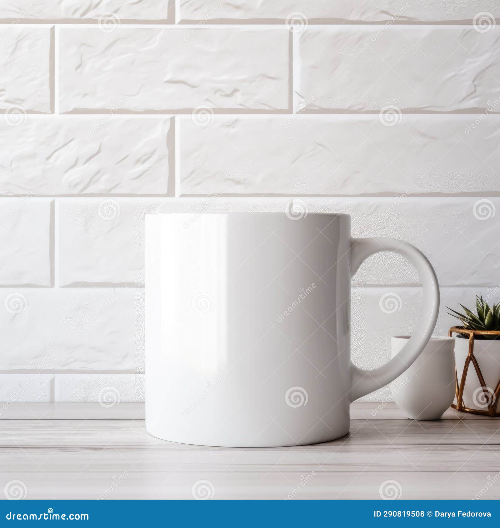 Mock Up of White Mug on a Kitchen Table with Tiles on a Wall Stock ...
