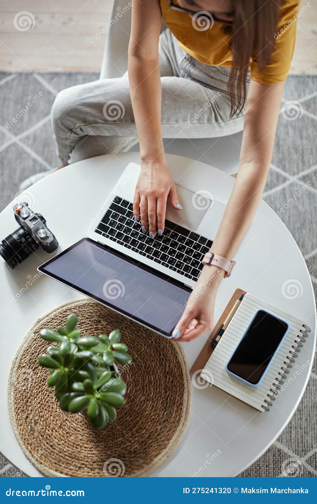 Mock Up White Screen Laptop Woman Using Computer while Sitting at Table ...