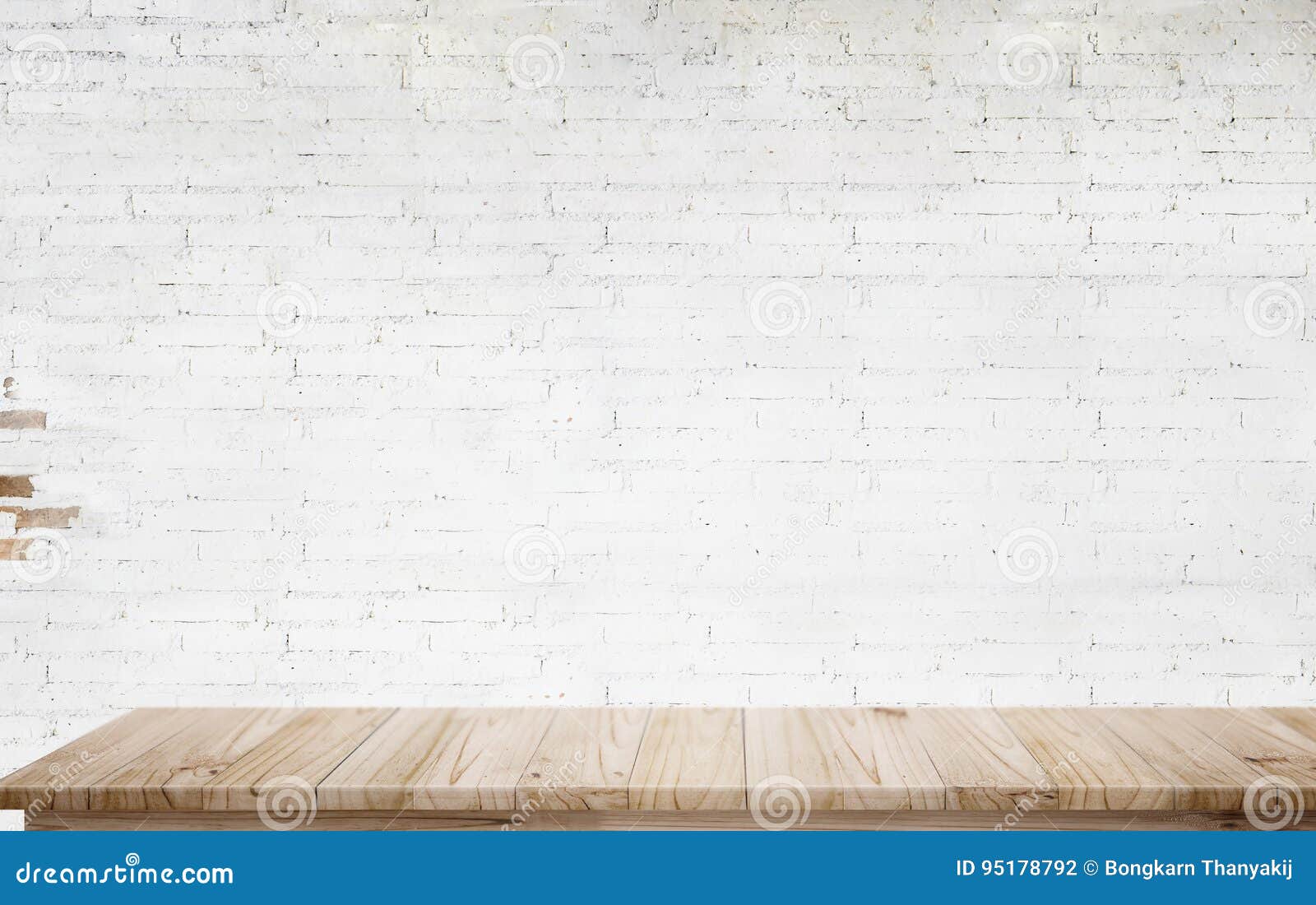 Mock Up Wooden Table with White Brick Wall. Stock Photo - Image of ...