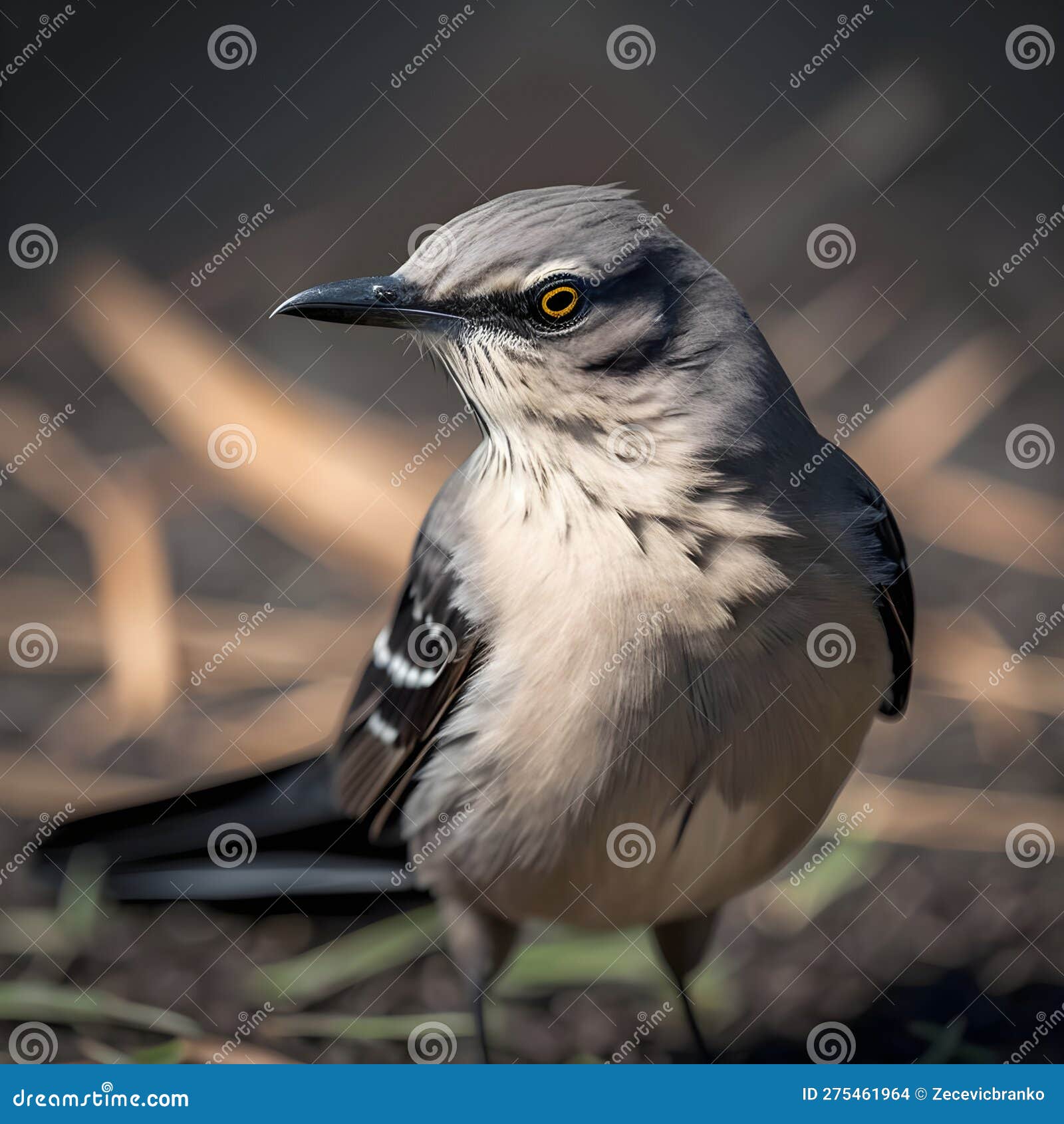 Mockingbird Standing on Dried Grass Stock Illustration - Illustration ...