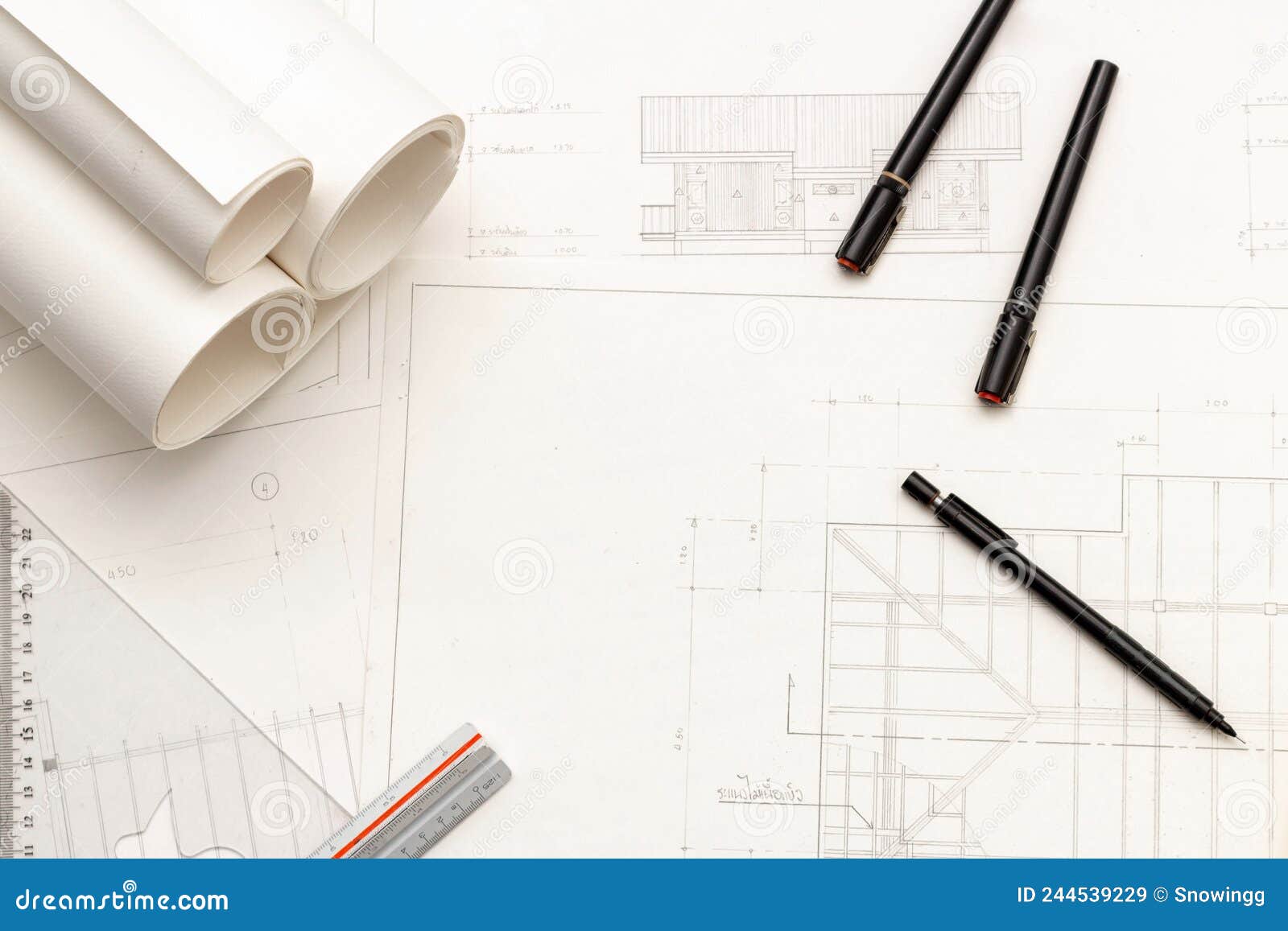 Mockup of Architectural Concept, Drawing Tool and Engineer Drawing on ...