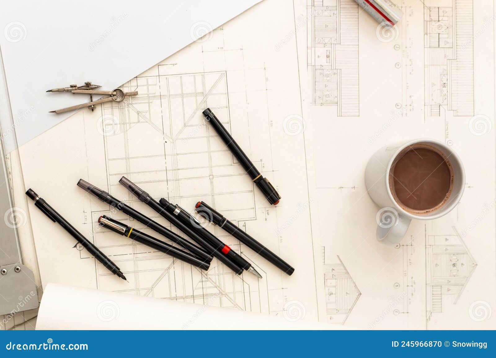 Mockup Of Architectural Concept, Drawing Tools And Engineer Drawing On ...