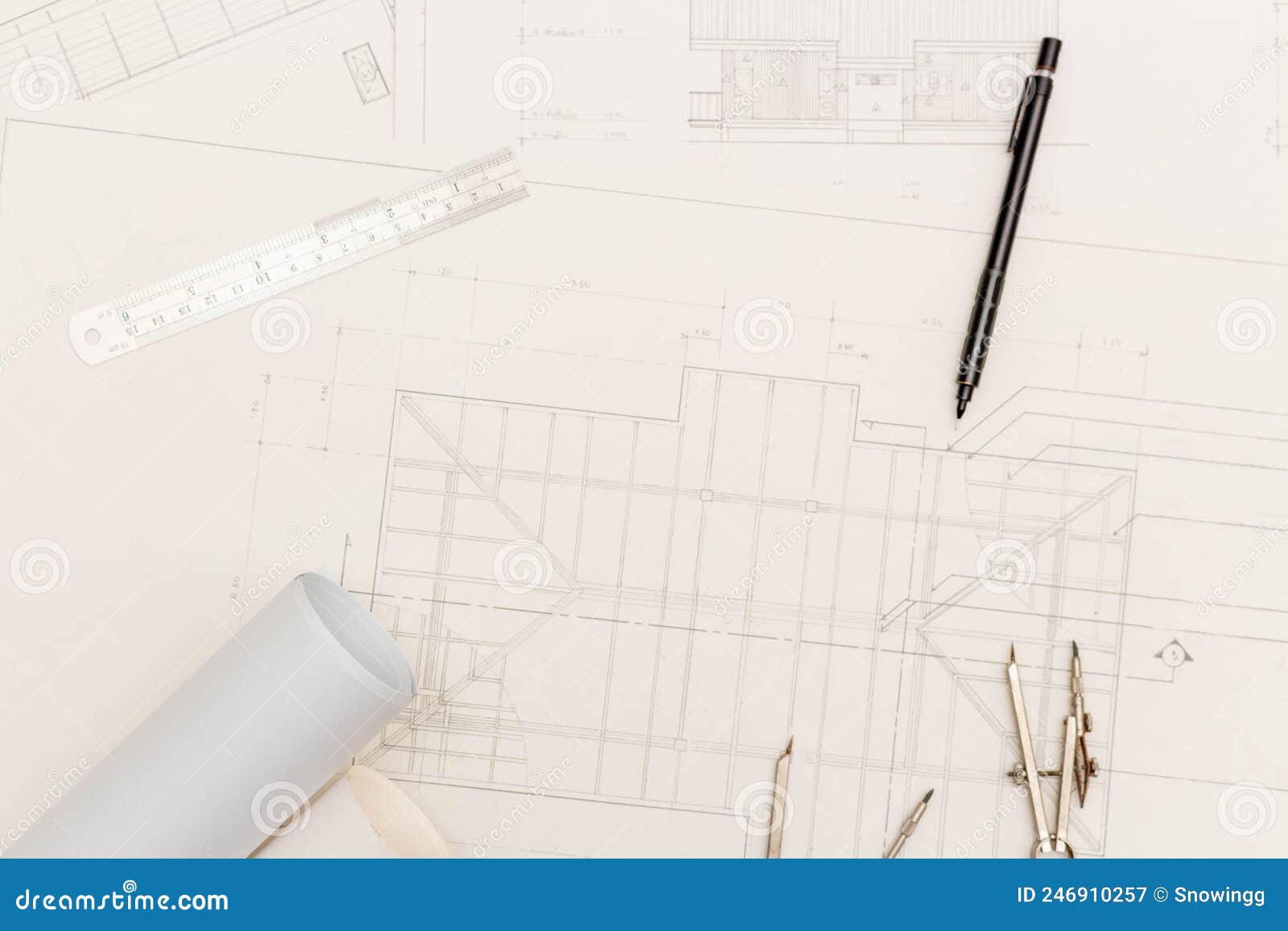 Mockup Of Architectural Concept, Drawing Tools And Engineer Drawing On ...