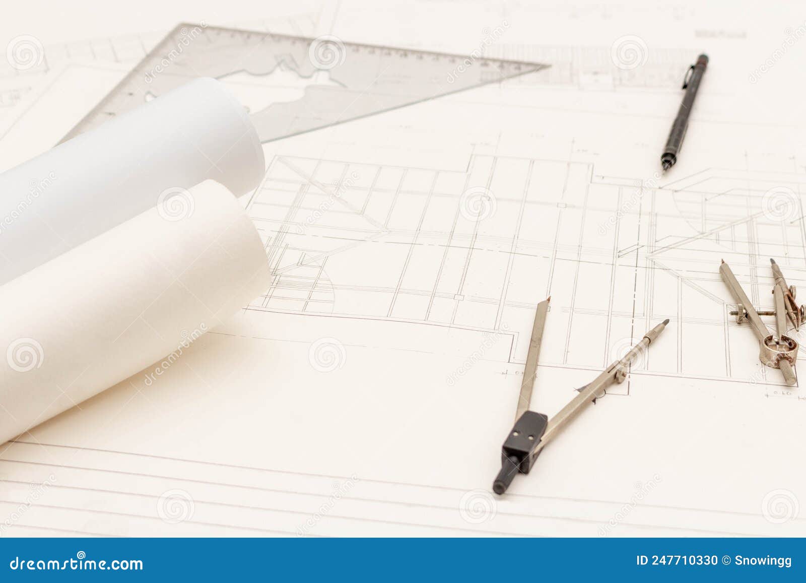 Mockup Of Architectural Concept, Drawing Tools And Engineer Drawing On ...