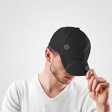 Mockup of a Black Baseball Cap on a Guy`s Head, Looking from Under a ...
