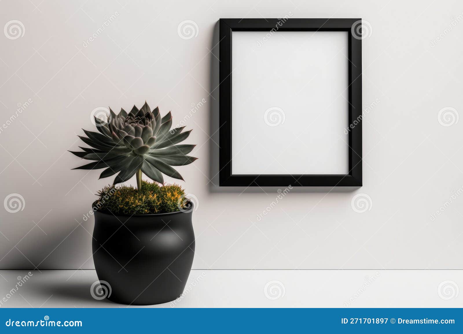 Mockup of a Black Photo Frame with a Flower Pot on a White Wall that ...