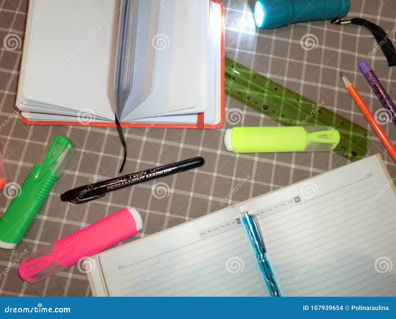 Mockup Notepad, Diary with Pen, Pencil, Ruler, Markers and a Flashlight ...