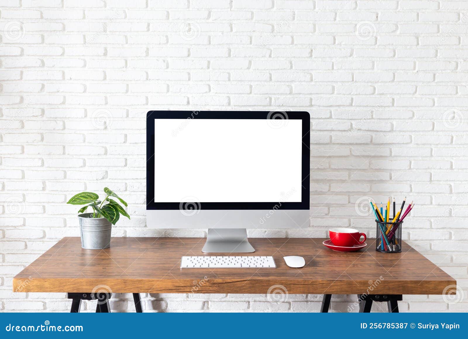 Mockup Blank Screen Computer on Wooden Desk. Desktop Empty White Screen ...