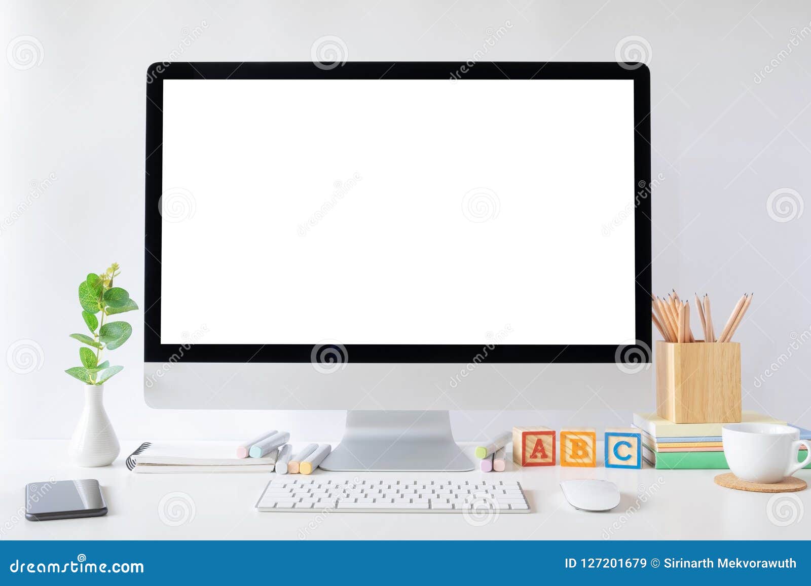 Mockup Monitor Desktop Computer and Office Supplies. Stock Image ... Mockup Monitor Desktop Computer and Office Supplies. Stock Image ...