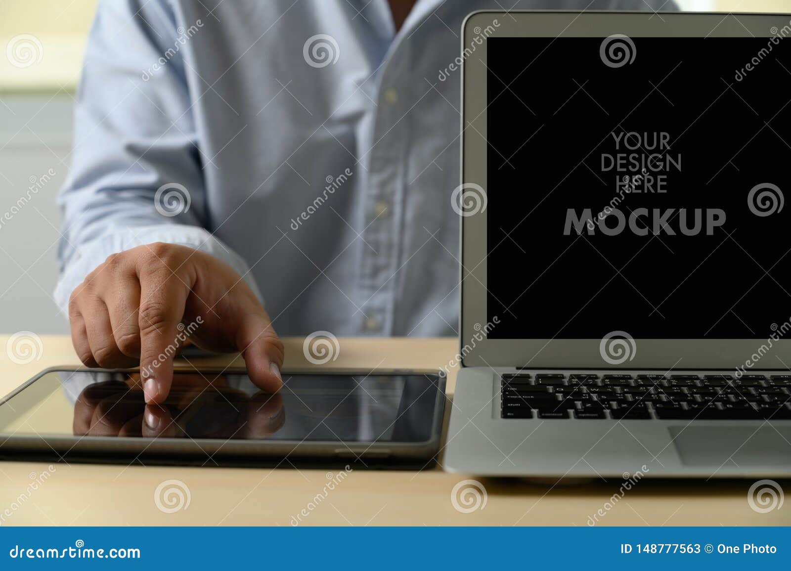 Mockup of Business Man Using Laptop Screen for Your Advertising Text ...