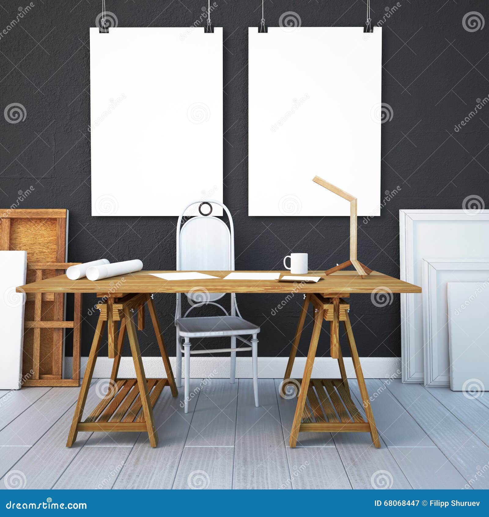 Mockup Desktop With Posters On The Wall. 3d Royalty-Free Stock Image ...