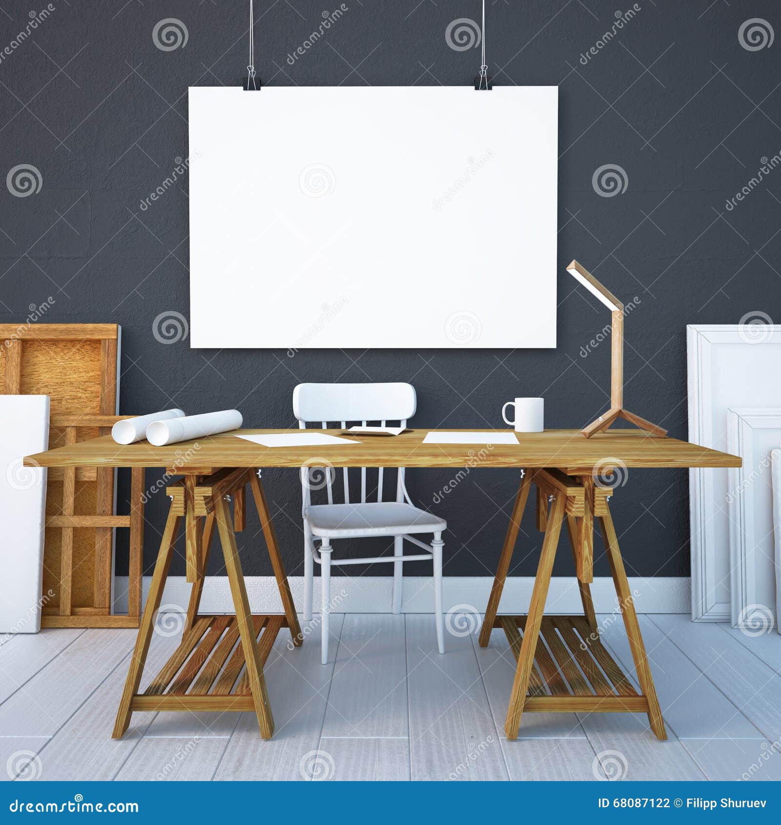Mockup Desktop With Posters On The Wall. 3d Royalty-Free Stock Image ...