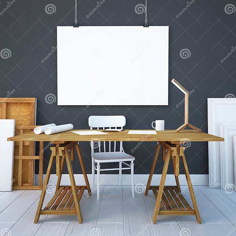Mockup Desktop with Posters on the Wall. 3d Stock Illustration ...