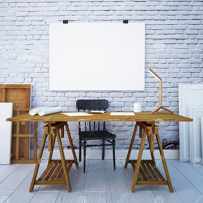 Mockup Desktop with Posters on the Wall. 3d Stock Illustration ...