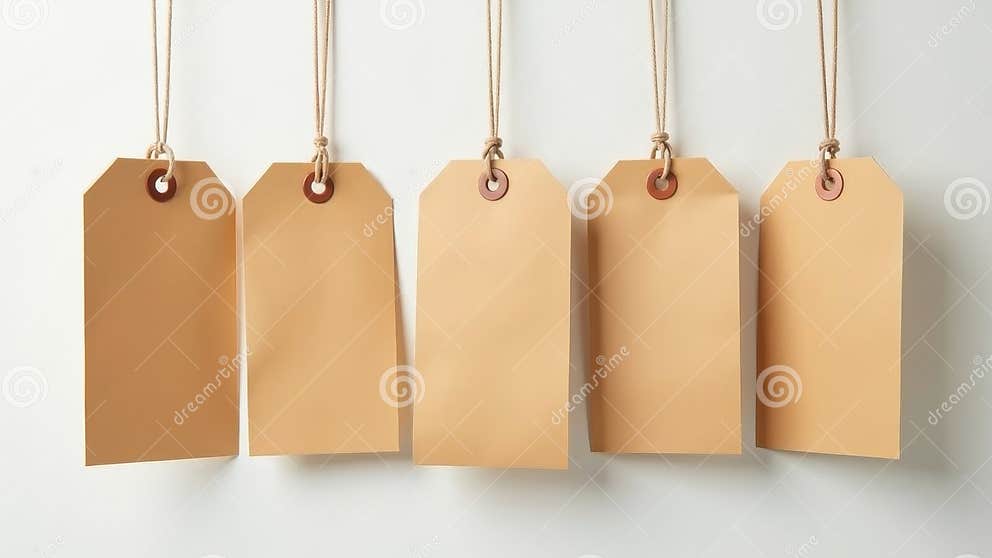 Mockup of Five Brown Text Hanging Labels Stock Photo - Image of hanging ...