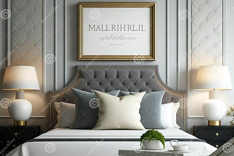 Mockup Frame in Luxury Hampton Style Bedroom Interior, 3d Render Stock ...