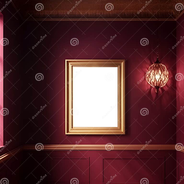 Mockup, Gold Frame with Empty Center Inside in Red Minimalist Interior ...