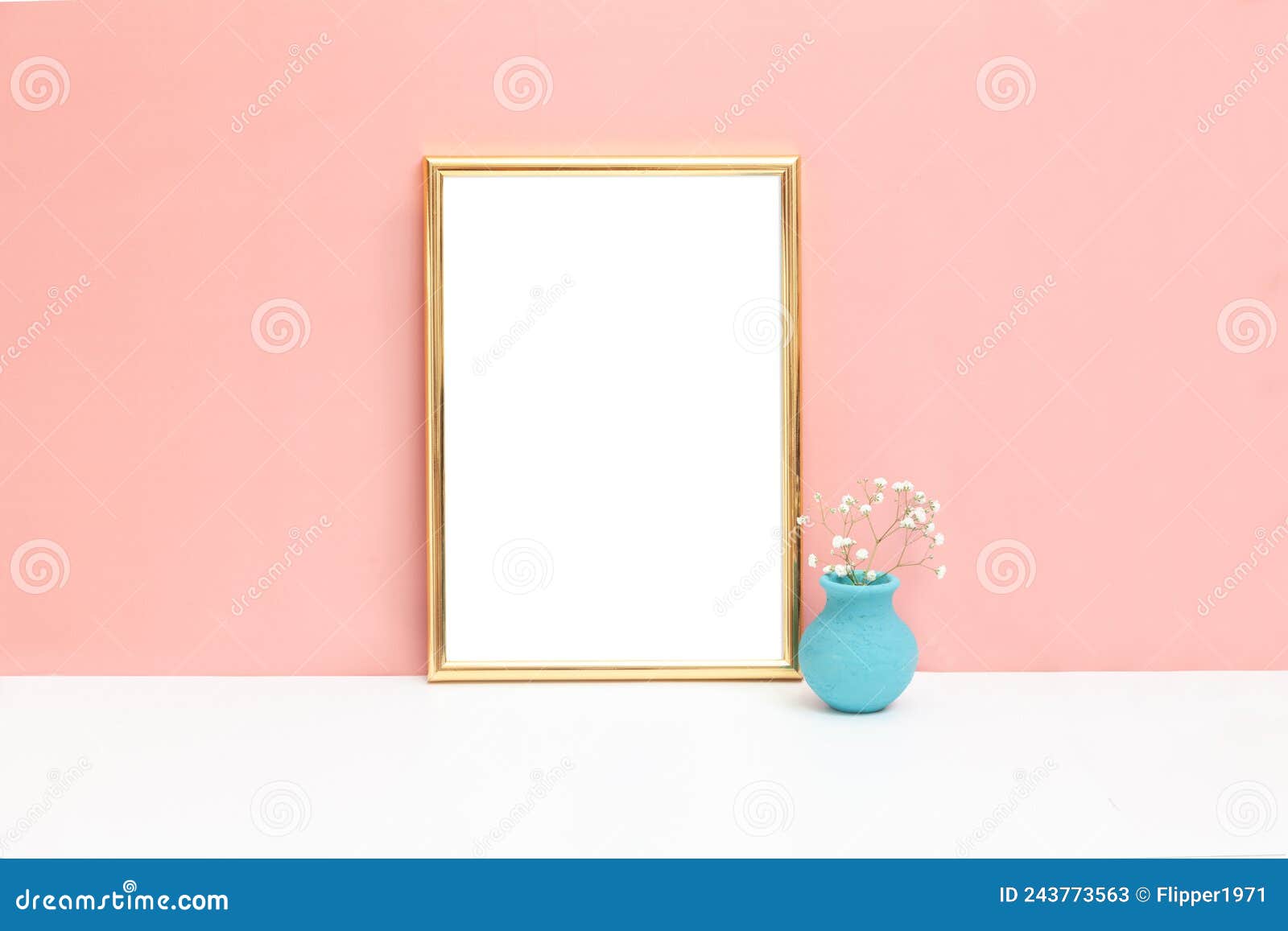 A4 Vertical Golden Frame Mockup on a Table Stock Image - Image of mock ...