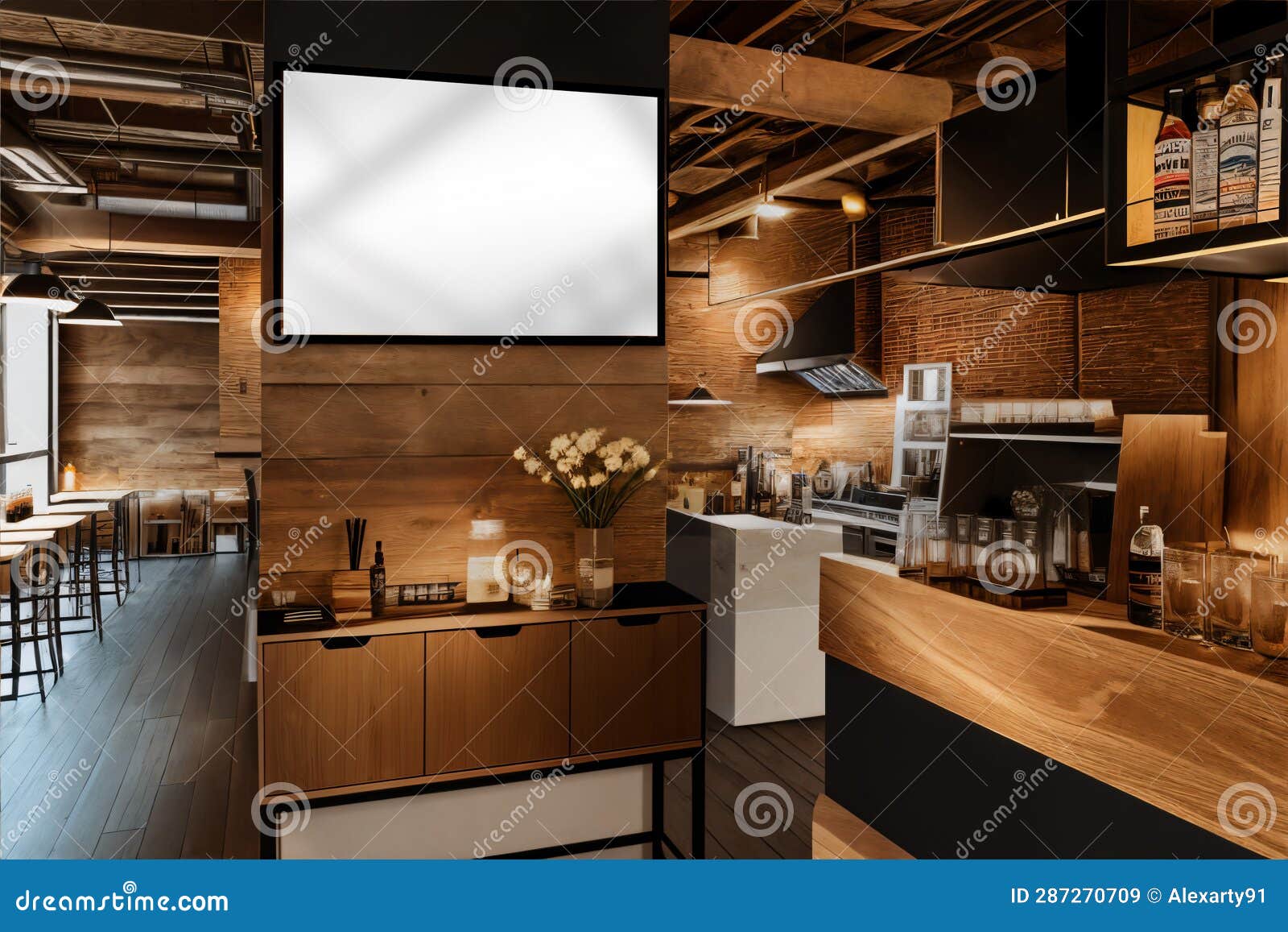 Mockup of Horizontal Empty Poster in Loft Bar Wood Interior Stock ...