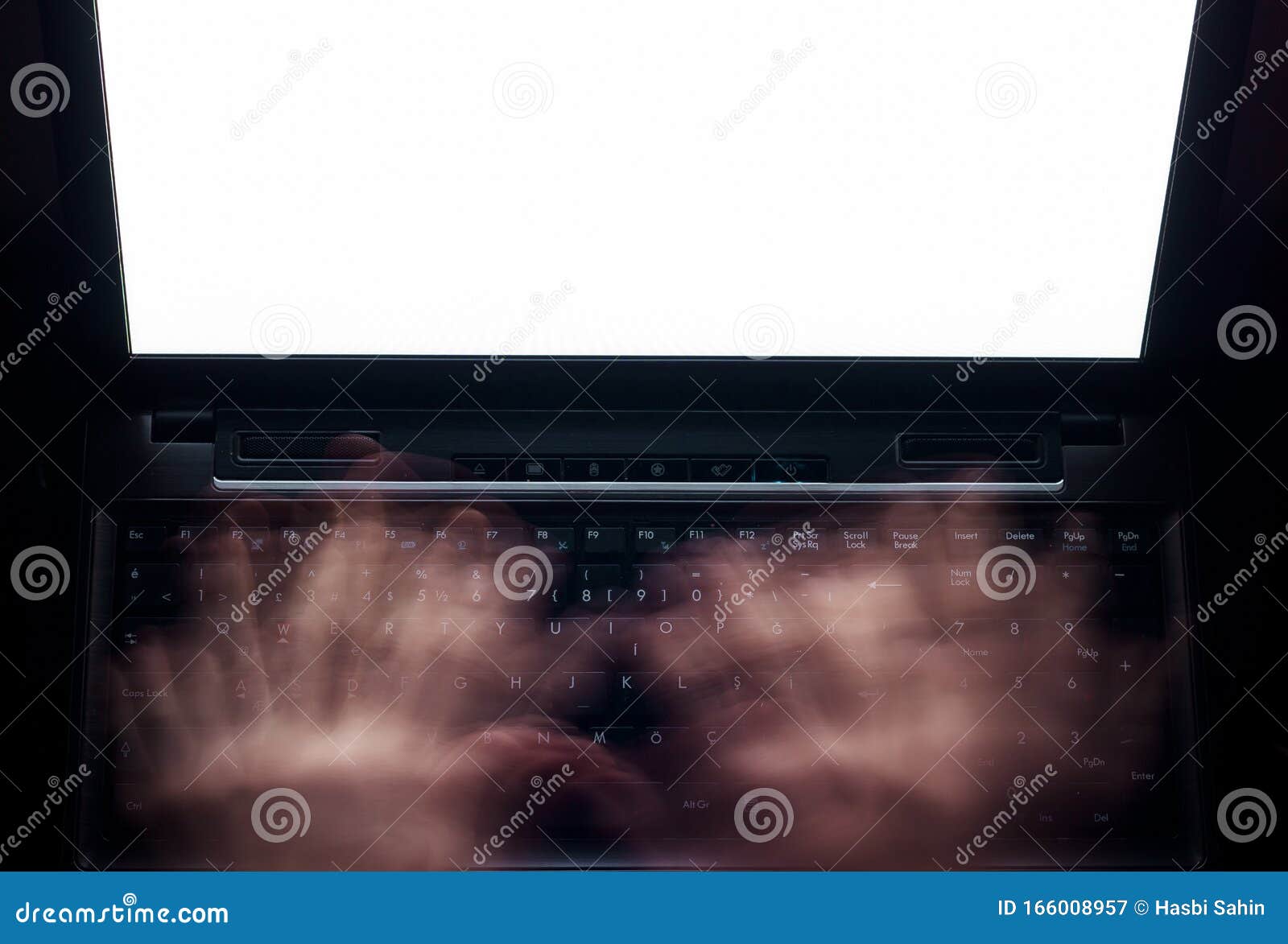 Blurred Hand on Computer with Blank Screen Stock Image - Image of ...