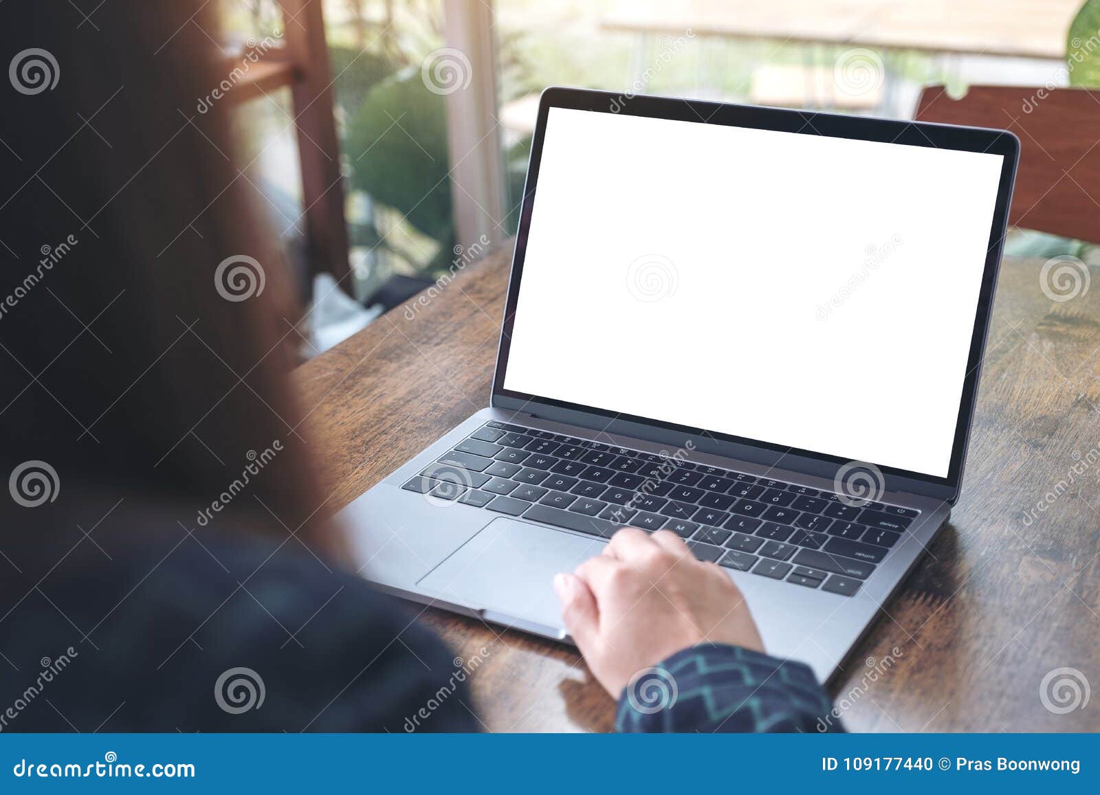 Hand Using and Touching Laptop with Blank White Desktop Screen on ...